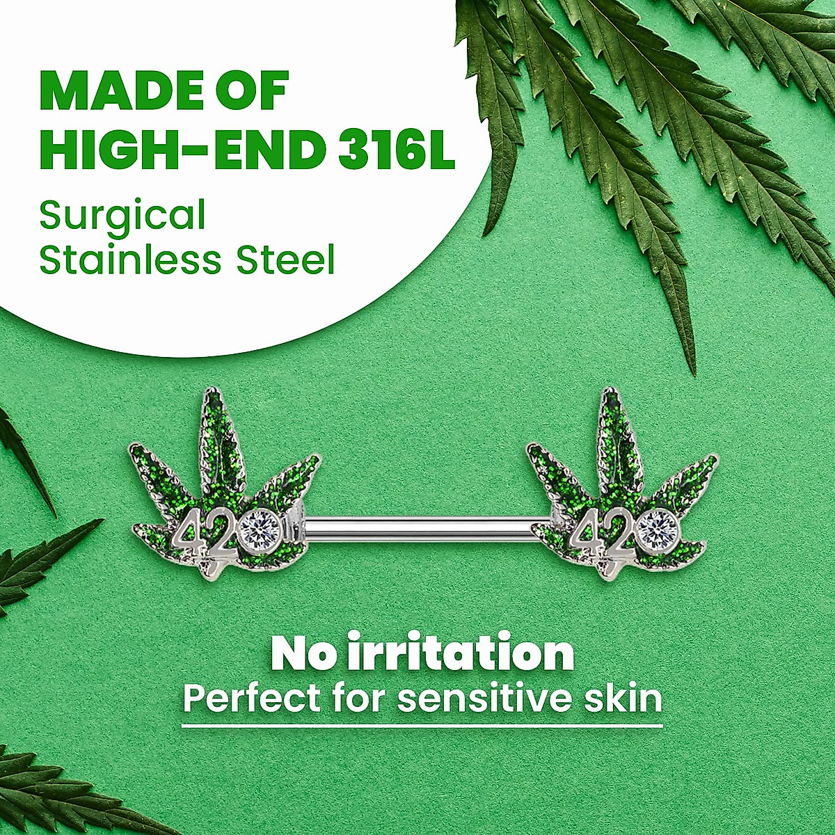 Pierce2GO 14G Nipple Piercing Surgical Stainless-Steel Set of 2 Barbell Marijuana Weed Leaf - 420 Cute Nipple Rings Nipple Piercing Jewelry for Women - 9/16" Barbell (Green)