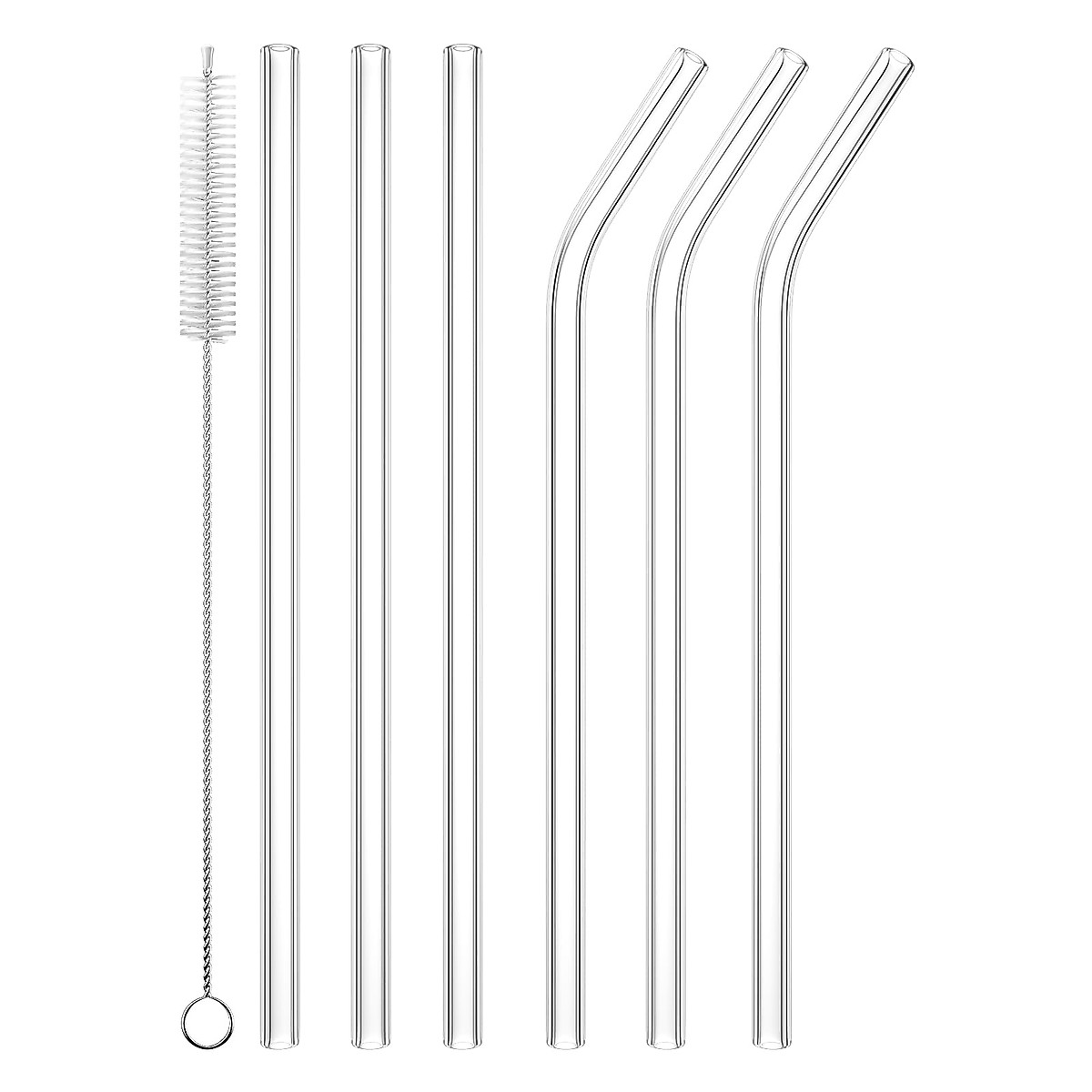 6 PCS Reusable Glass Drinking Straw, Replacement Straw 7.88'' x 8MM Clear Practical Straw for 20/30/32oz Tumblers Smoothie Straws 3 Straight 3 Bent with 1 Cleaning Brush for Coffee Tea Juice Milkshake