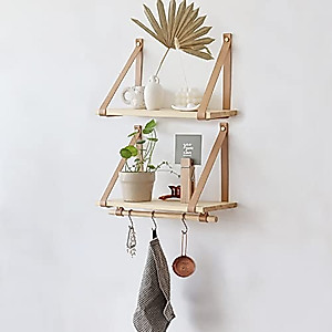 FRIADE Wall Wood Floating Shelves,Multifunctional PU Leather Strap Storage Shelves,Storage Organizer for Kitchen,Living Room,Bedroom,Study,Set of 2 (Burlywood)