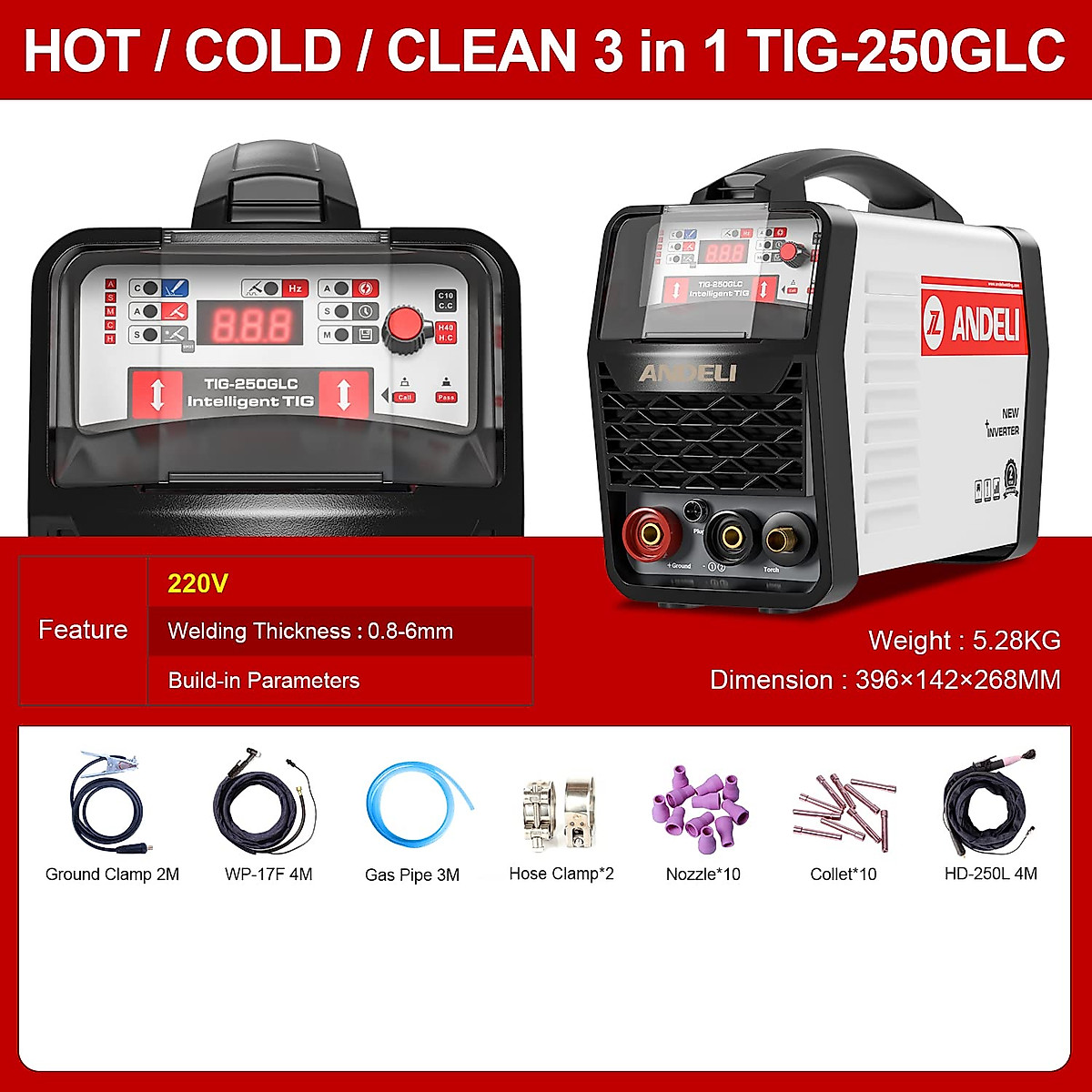 ANDELI TIG Welder TIG-250GLC 170Amp 220V Pulse Hot/Cold/Clean Portable Welding Machine, IGBT Digital Inverter Welder (TIG-250GLC 3 in 1)