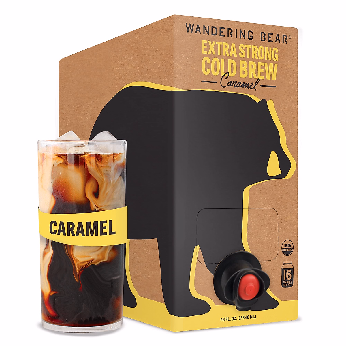 Wandering Bear Organic Caramel Cold Brew Coffee On Tap, 96 fl oz - Extra Strong, Smooth, Unsweetened, Shelf-Stable, and Ready to Drink Iced Coffee, Cold Brewed Coffee, Cold Coffee