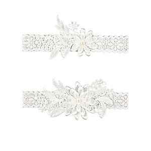 2 Pieces Wedding Garters for Bride Sexy Lace Leg Garter Belt Hand Sewn Faux Pearls Bride Garter Set(White)