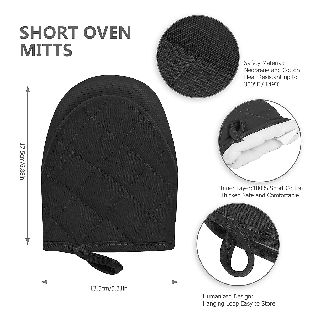 Qulable 1 Pair Short Oven Mitts - Silicone Kitchen Oven Gloves High Heat Resistant 500℉, Mini Oven Mits with Non-Slip Grip Surfaces and Hanging Loop for BBQ, Baking, Cooking and Grilling (Black)