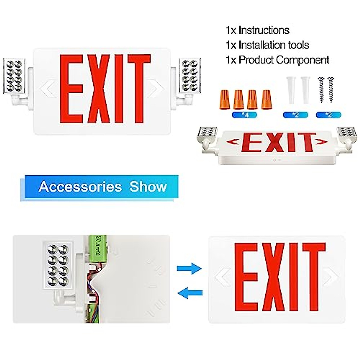 SPCETSUN 1 Pack Red Exit Sign with Emergency Lights,LED Emergency Exit Light with Battery Backup,UL Listed, AC 120/277V,Double Face Commercial Emergency Exit Light Combo for Business.