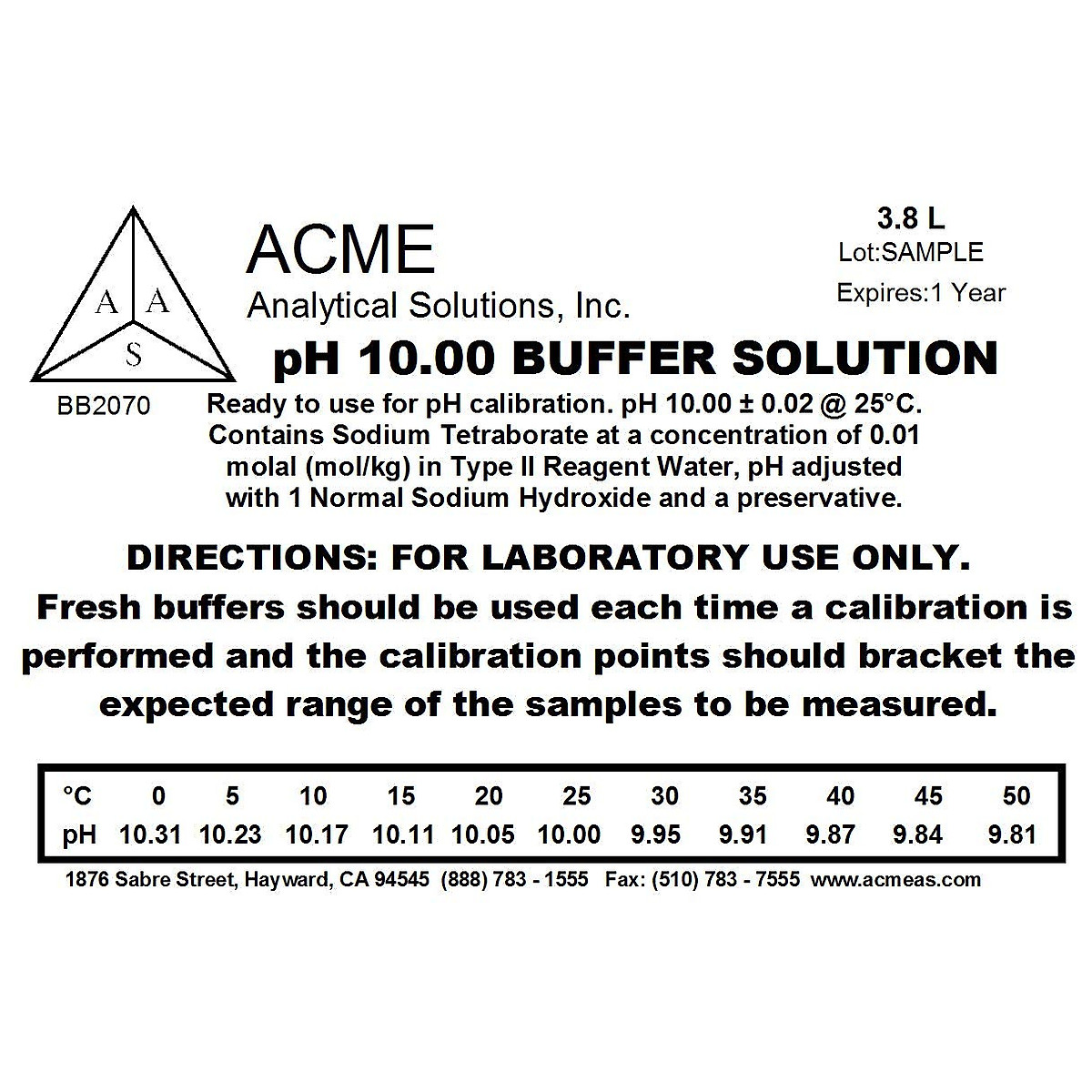 Acme Analytical Solutions Buffer Solution, Color Coded pH Calibration Solution, 3.8 liters, 1 Gallon, NIST Traceable Reference Standard, Made in The USA (Blue pH 10 Buffer Solution)