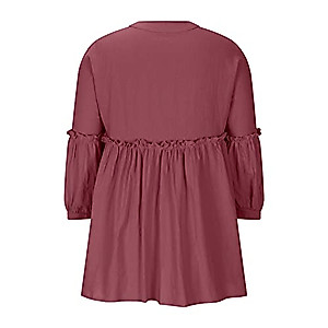 Women's Cotton Linen Shirt 3/4 Sleeve Button Down Blouse Solid Color Smocked Tunic Tops Plus Size Loose Fit T-Shirt Red
