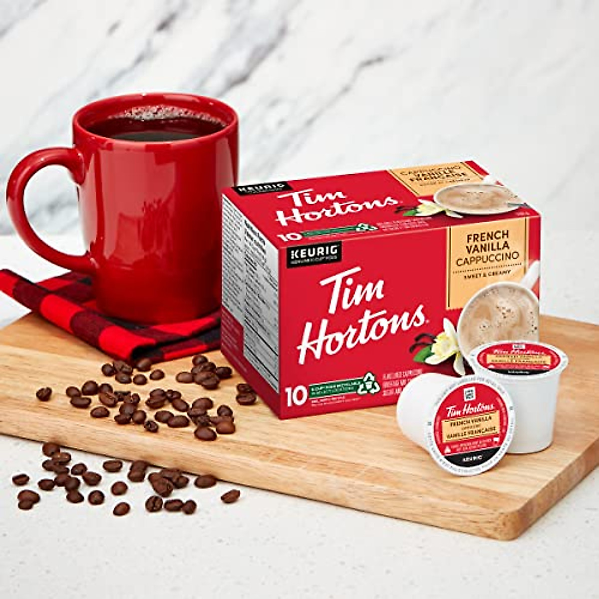 Tim Hortons French Vanilla Cappuccino Flavoured Coffee, Single Serve Keurig K-Cup Pods, 10 Count