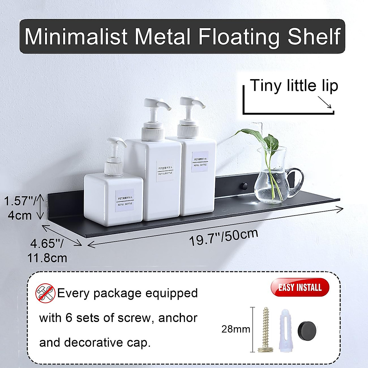 Z metnal Floating Shelves, Bedroom Shelves, Display Metal Wall Shelf for Funko Pop Speaker Figure Collection, Floating Storage Wall Decor, Aluminum, Wall Mounted, Matt Black, 20 inch, 2 Pack