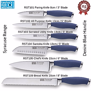 Taylors Eye Witness Syracuse Asian Kitchen Knife Set - Chefs Santoku 13cm/5” & Cooks All Purpose 13cm/5” Cutting Edge, Multi Use. Ultra Fine, Razor Sharp Blade. Soft Textured Grip Denim Blue Handle.