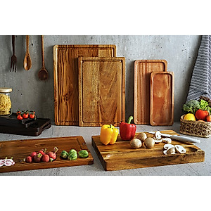 Serving Tray and Platter (Set of 4)(14.5’’x7’’X0.8 and 12’’x 5’’x0.8) Solid Natural Wood for Food Holder/BBQ/Party Buffet, Avoid Sliding Spilling Food with Easy Carry Grooved Handle Design