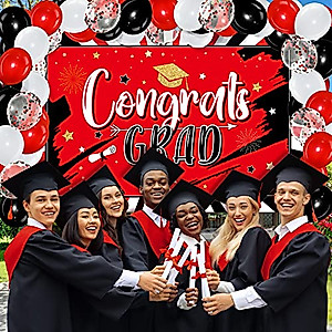53 Pcs Graduation Decorations 2023 Congrats Grad Backdrop Banner Graduation Tablecloth Congrats Latex Balloons with Ribbons for University High School Graduation Party Supplies (Red and Black)