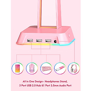 SOSISU RGB Headphones Stand with 3.5mm AUX and 3 USB 2.0 Ports, Gaming Headset Holder Hanger with Non-Slip Rubber Base for SOSISU Gaming Headset(Not Included), PC, Desktop (Pink)