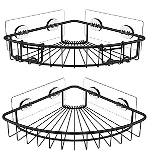SMARTAKE 2-Pack Corner Shower Caddy, Stainless Steel Adhesive Bathroom Shelf with Removable Hooks, Wall Mounted Storage Organizer Racks for Shower, Kitchen, Toilet and Dorm, Black