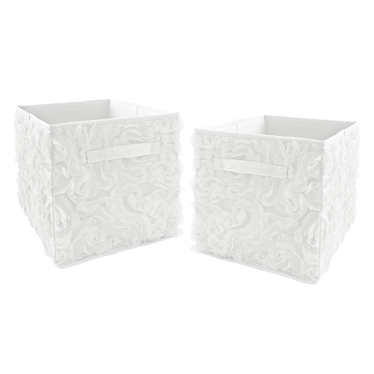 Sweet Jojo Designs White Floral Rose Foldable Fabric Storage Cube Bins Boxes Organizer Toys Kids Baby Childrens - Set of 2 - Solid Flower Luxurious Elegant Princess Boho Shabby Chic Luxury Glam Roses