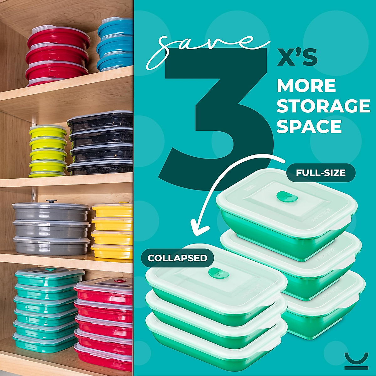 Collapse-it Silicone Food Storage Containers - BPA Free Airtight Silicone Lids Collapsible Lunch Box Containers - Oven, Microwave, Freezer Safe (Teal (6) 3.5-Cup Set)