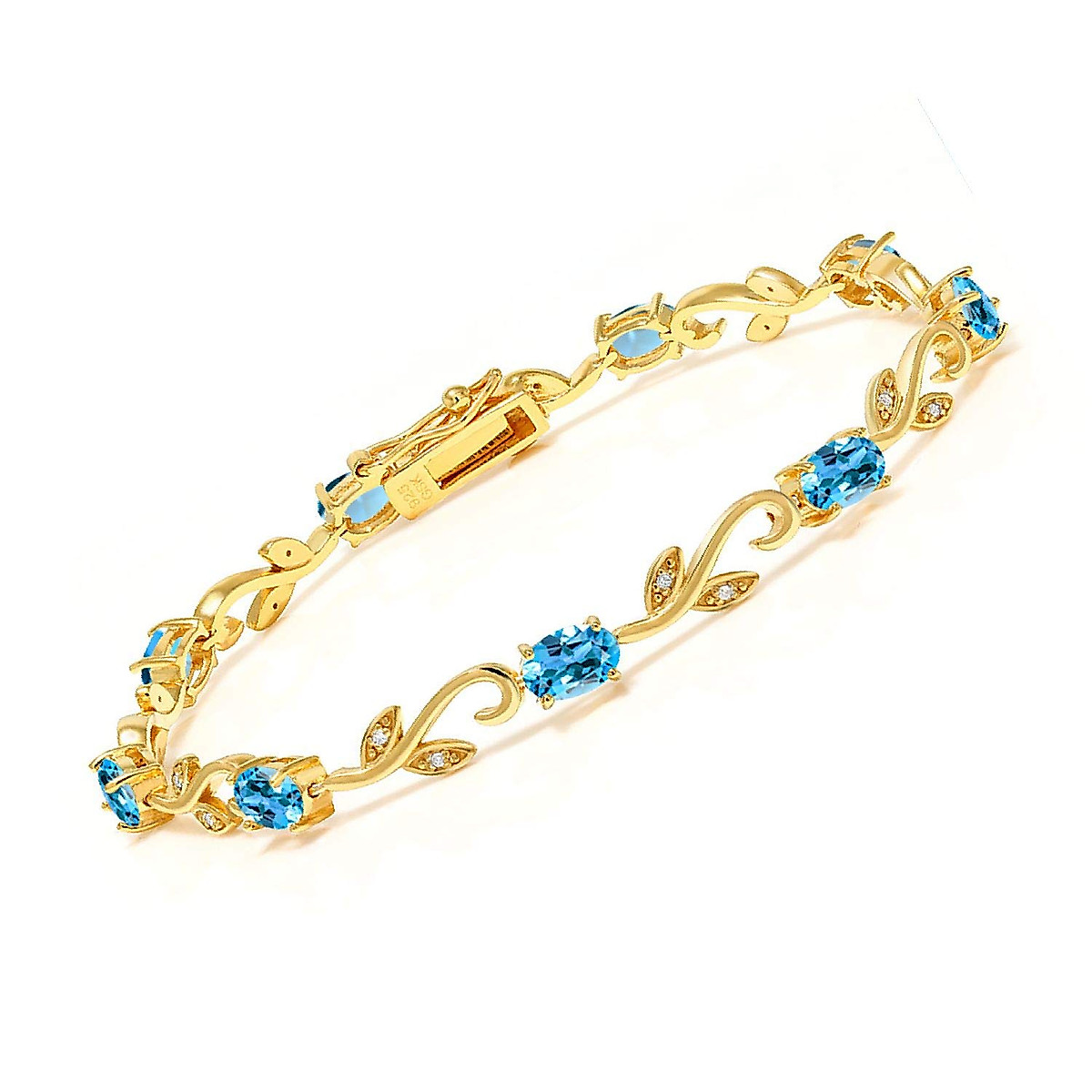 Gem Stone King 18K Yellow Gold Plated Silver Swiss Blue Topaz and Diamond Greek Vine 7 Inch Tennis Bracelet For Women