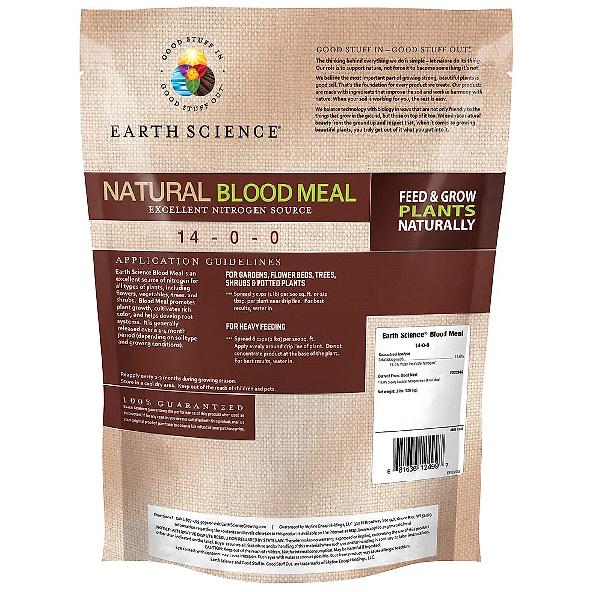 Earth Science – Natural Blood Meal Plant Food – Feed & Grow Plants Naturally – Activate Compost Piles – Vibrant Color –More Blooms and Bigger Harvests 3lb