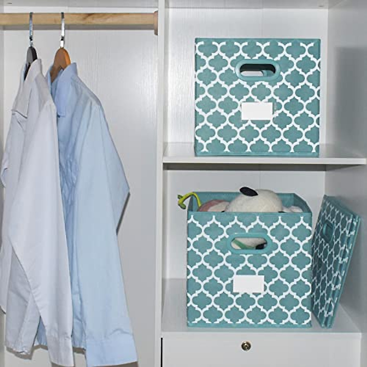 Homyfort Cube Storage Organizer Bins 12x12 - Fabric Storage Cubes Bin Foldable Baskets Square Box with Labels and Dual Plastic Handles for Shelf Closet, Nursery, Boys, Girls, Set of 6 (Teal Blue)