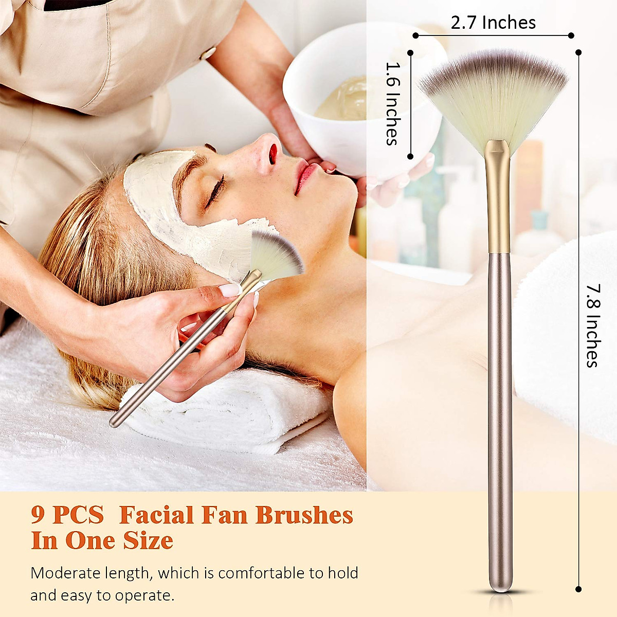 9 Pieces Facial Fan Mask Brushes, Soft Facial Applicator Brushes Tools for Peel Glycolic Makeup for Mud Cream (Champagne)