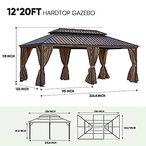 EMKK 12'x20' Gazebo Double Aluminum Composite Roof Permanent Pavilion Gazebo Outdoor Hardtop Aluminum Frame Canopy with Curtains and Netting for Backyard Patio Lawn Garden,Alu Gazebo w/Steel Canopy