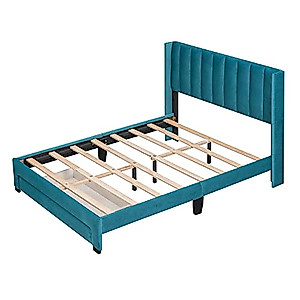 SOFTSEA Full Size Upholstered Bed Frame with Large Drawer Velvet Platform Bed Frame with High Headboard for Bedroom