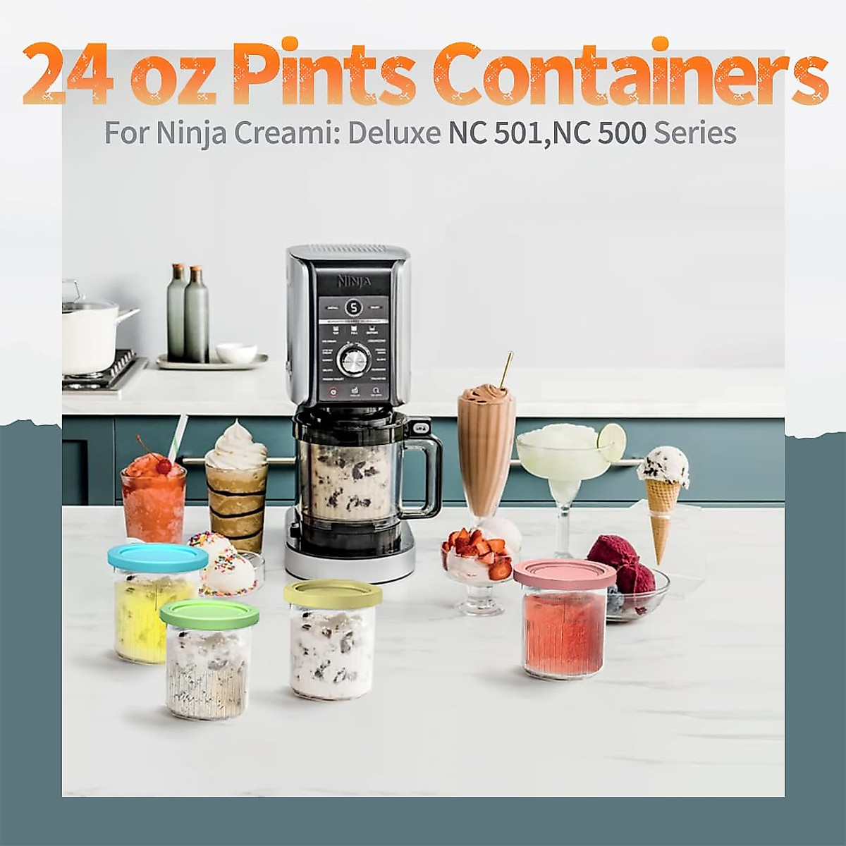 Dxiocli Containers Replacement for Ninja Creami Deluxe 11-in-1 XL Family Size NC500/NC501 Pints - 4 Pack, 24 oz - Dishwasher Safe, BPA-Free, Leak Proof