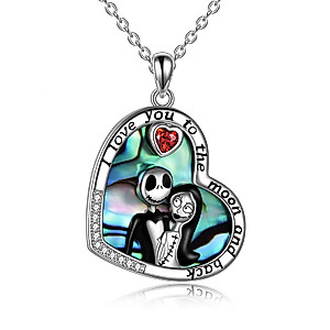 ONEFINITY Jack And Sally Jewelry Sterling Silver Nightmare Abalone Shell Heart Necklace I Love You To the Moon and Back Jewelry Before Christmas Gifts for Women Her