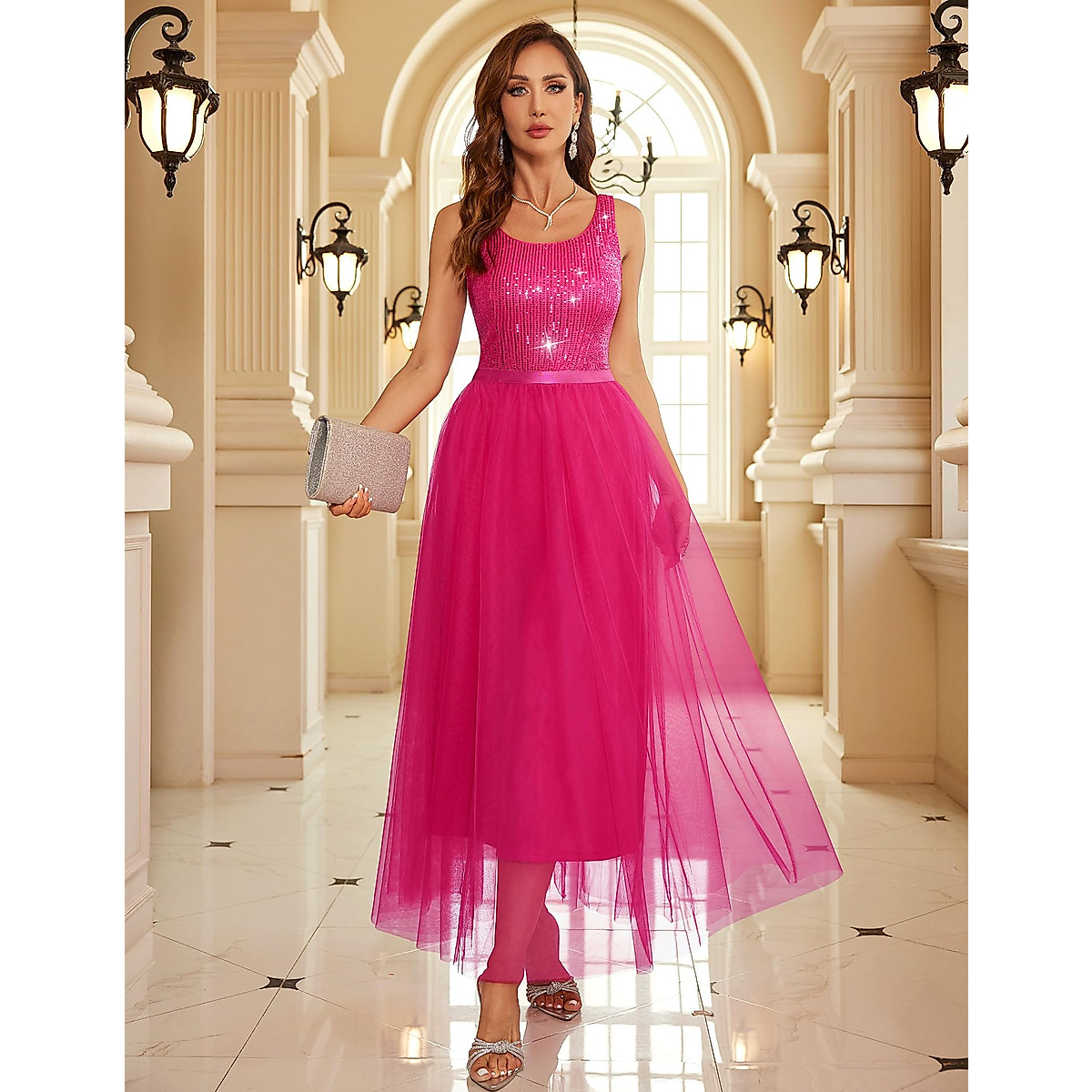 BeryLove Women's Long Sequin Party Dress Sleeveless Boat Neck Prom Wedding Homecoming Dresses for Teens Cocktail Evening Gown S001 Rose Red M