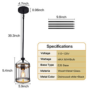 Farmhouse Glass Pendant Light Fixtures,Pendant Lights Kitchen Island,Adjustable Rustic Farmhouse Pendant Light for Foyer, Sink, Kitchen Island, Porch (1 Light)