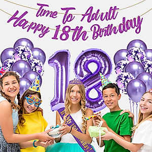 Purple18th Birthday Decorations for Girls Purple 18th Birthday Banner 40 Inch NO. 18 Purple Foil Balloons Purple Confetti Balloons 18th Purple Party Set (Purple-18)
