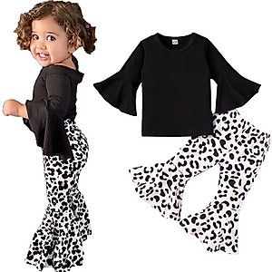 Little Toddler Baby Girl Bell-Bottom Pants Leggings Outfit Flared-Sleeve Top + Leopard Print Flared Trousers Suit