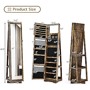 COSTWAY 360 Rotating Jewelry Armoire Cabinet, Standing Jewelry Organizer w/Full-Length Mirror & Large Storage Space, Lockable Mirror Jewelry Cabinet for Girls Women (Rustic Brown)