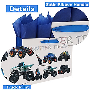 13" Large Truck-themed Gift Bags Set with Greeting Card and Tissue Paper (Monster Trucks Design) for boys, Kids Birthday Party,Baby boy,Baby Shower,Newborn,New Moms or Parents -13”x5.2”x10.2”, 1 Pcs