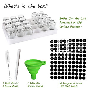 Spice Jars with Label 4oz 24Pcs, AuroTrends 4oz Glass Jars with Lids 24Pack Complete Set-Round Glass Spice Jars with Shaker Lids | Pre-printed Labels & Blank Labels | Chalk Marker | Straw Brush | Funnel