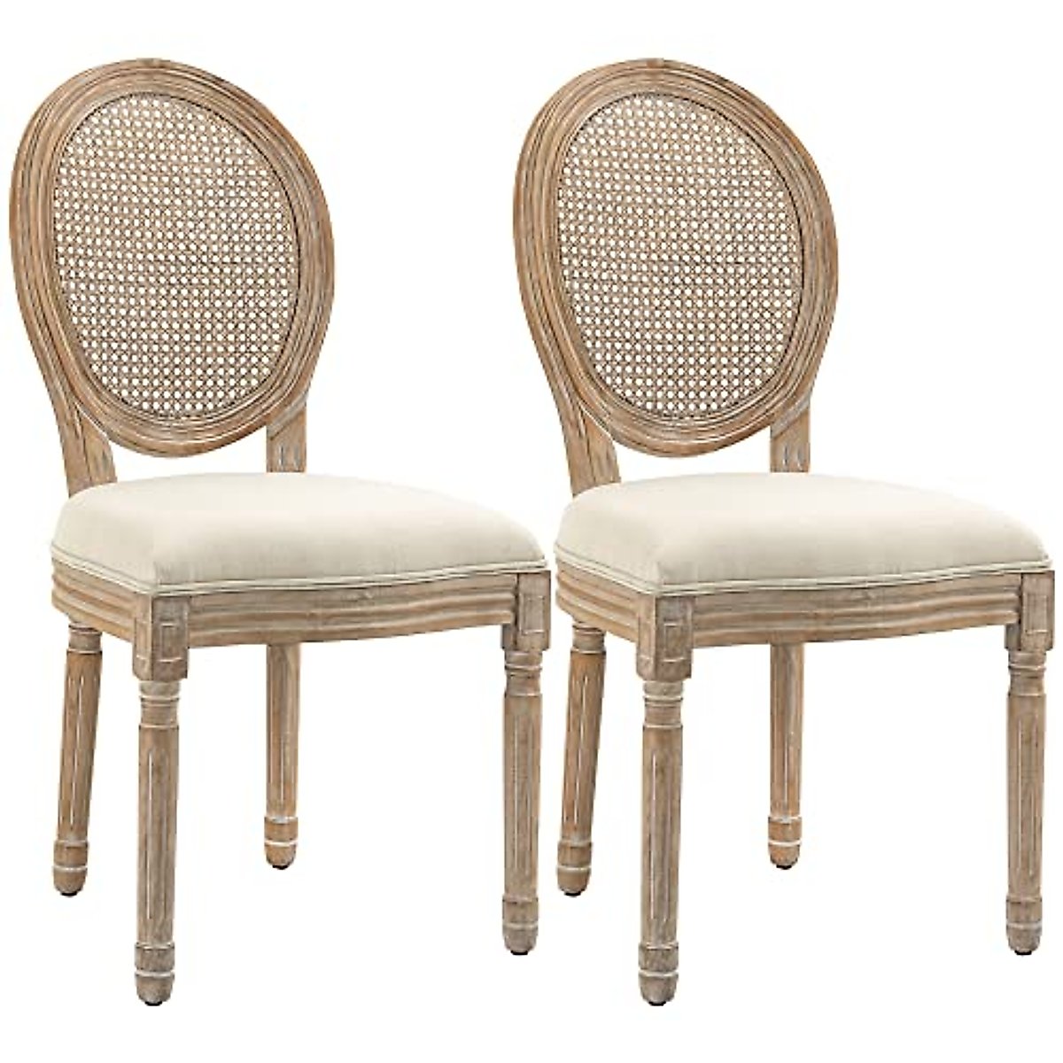 HOMCOM French-Style Upholstered Dining Chair Set, Armless Accent Side Chairs with Rattan Backrest and Linen-Touch Upholstery, Set of 2, Cream White