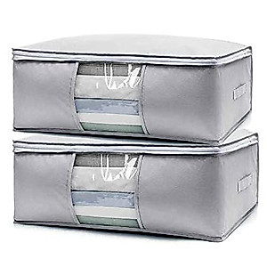 FYY 2 Pack Clothes Storage Bag, Double Zipper Storage Bag Clothes Organizer with Clear Window for Blanket, Sweaters, Coat, Clothes, Bed Sheet-2 Medium-Grey