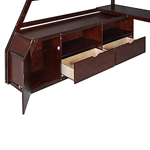 Full Size Loft Bed with Desk, Solid Wood Loft Bed Frame with 7 Drawers and 2 Shelves, Storage Cabinet, 68.3" High Loft Bed Frame with Storage Staircase, No Box Spring Required (Espresso/Full,90)