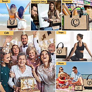 QLOVEA Mothers Day Gifts for Mom - Initial Jute Tote Bag with Makeup Bag, Travel Beach Bag, Suitable for Wedding, Birthday, Beach, Holiday, Personalized Gifts for Women Friends Teacher Letter A