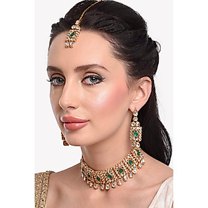 Efulgenz Kundan Necklace Set Indian Kundan Jewelry Sets for Women Green Indian Jewelry Kundan Crystal Choker Necklace Dangle Earrings Maang Tikka Bollywood Wedding Choker Necklace for Women