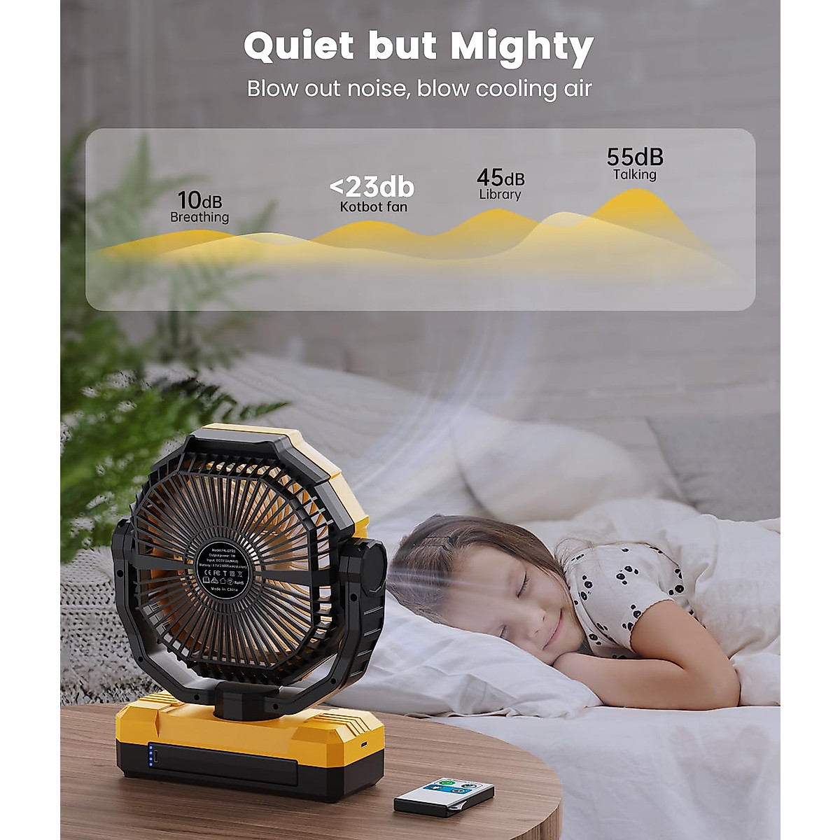 3-in-1 Portable Camping Fan - 9 inch 12000mAh Detachable Battery Rechargeable Fan with LED & Remote - 4 Speeds Battery Powered Outdoor Fan for Tent,Travel, Office, Jobsite