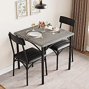 IDEALHOUSE Dining Table Set, Kitchen Table and Chairs for 2, Metal and Wood Square Dining Room Table Set with 2 Upholstered Chairs, 3 Piece Dining Table Set for Small Space, Apartment, Rustic Grey