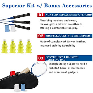 STSTECH Badminton Rackets Set of 4 for Backyard Sports Adults Kids Family Racquets Game with 12 Shuttlecocks,4 Replacement Grips,4 Wristbands and Carrying Bag (Blue -A,Set of 4)