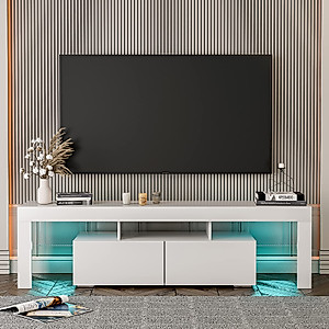 IKIFLY White Stand for 65+ inch TV, Modern LED TV Stand w/16 Colors&Remote Control Lights, High Glossy Cabinet w/Storage&2 Drawer, Entertainment Center for Living Room