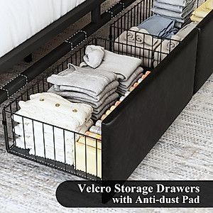 WELTOKE Full Size Bed Frame with Storage Headboard and Drawers, Black Upholstered Leather Bed with 2 Socket Charging Station, No Box Spring Needed