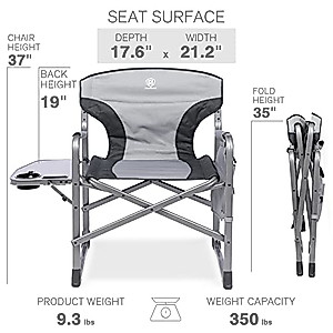 EVER ADVANCED Lightweight Folding Directors Chairs Outdoor, Aluminum Camping Chair with Side Table and Storage Pouch, Heavy Duty Supports 350LBS (Grey/Black)
