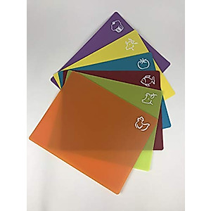 Set of 6 Color Coded Flexible Plastic Cutting Boards for Kitchen with Food Logos (12x15") - BPA Free, Anti-Slip
