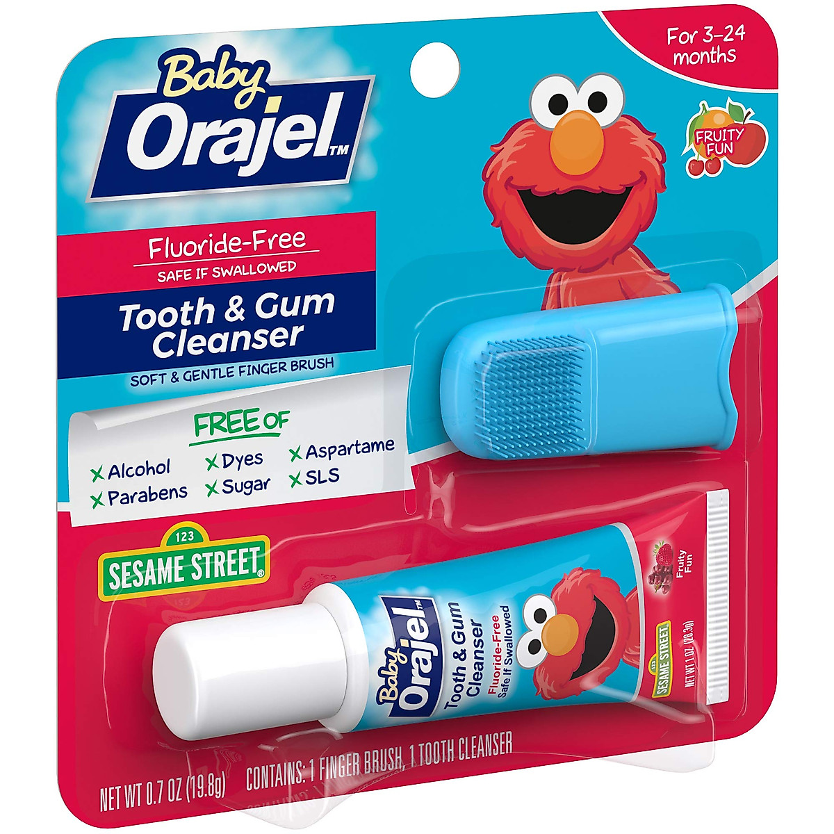 Orajel Elmo Fluoride-Free Tooth & Gum Cleanser with Finger Brush, Combo Pack, Fruity Fun Flavored Non-Fluoride, 0.7 oz.