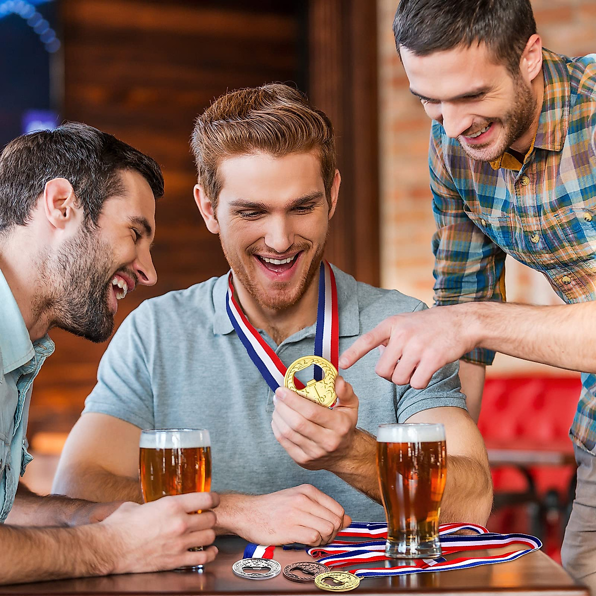 Medal Shaped Flat Bottle Opener Winner Award Metal Wine Beer Opener Gold Silver Copper Medal Olympic Trophy Opener with Neck Ribbon for Bar Bartender Men Kitchen Restaurant Party (9 Pieces)