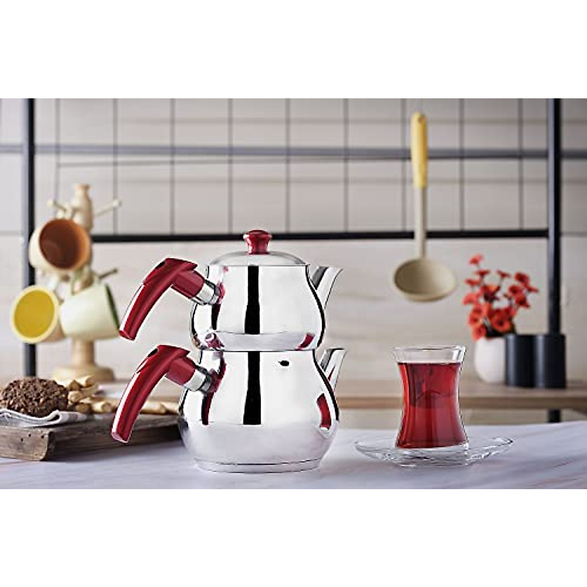 DESTALYA Turkish Teapot Set, Stainless Steel Double Tea Pots for Stove Top, Tea Maker with Strainer, Samovar Style Tea Kettle, Water Heater Warmer (Mini with Red Handles)