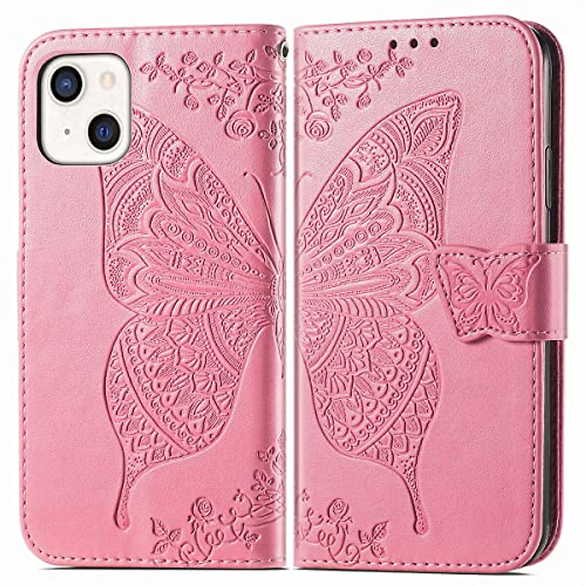 Designed for iPhone 13 Case Wallet for Women,Flip Folio Cover with Butterfly Embossed PU Leather Kickstand Credit Card Holder Slots Magnetic Wrist Strap Protective Phone Case for iPhone 13 (Pink)